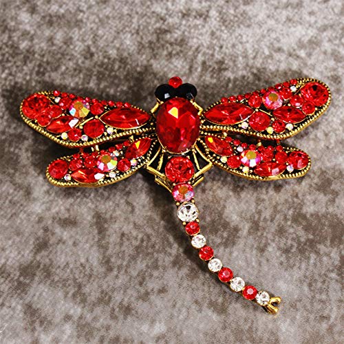 Hsakess Artificial Crystal Rhinestone Dragonfly Brooch Pin Animals Pin Gift for Women Outfits Decoration,Red, 9.1*7.5cm