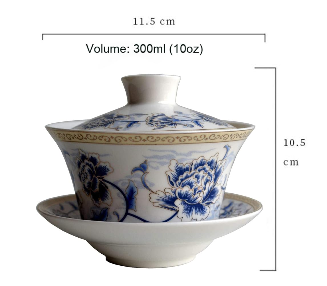 Eplze YBK Tech 10oz Large Gaiwan, Porcelain Kung Fu Tea Cup with Saucer and Lid, Chinese Traditional Gaiwan, Sancai Tea Bowl (4#)