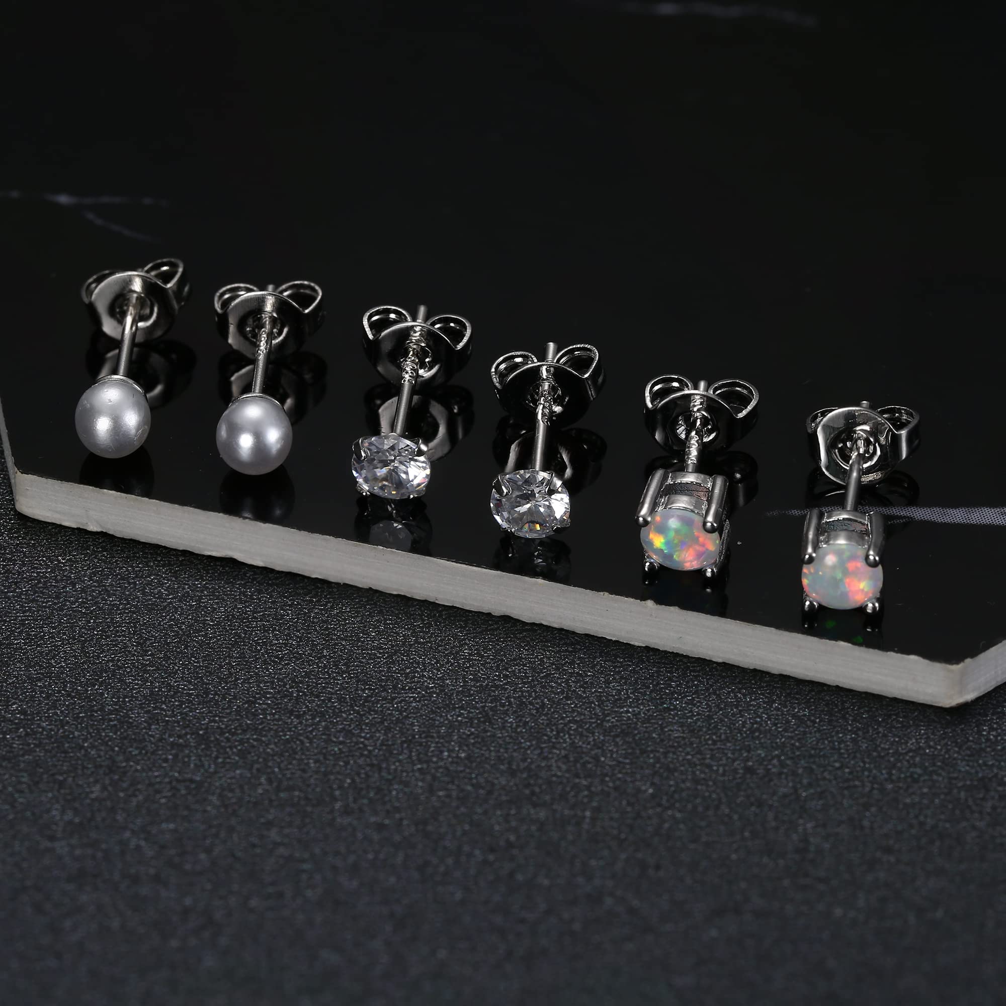 FIASASO 3 Pairs Sterling Silver Stud Earrings for Women Men Teen Hypoallergenic Earrings Pearl Opal CZ Stud Earrings Tiny Stud Earrings Set