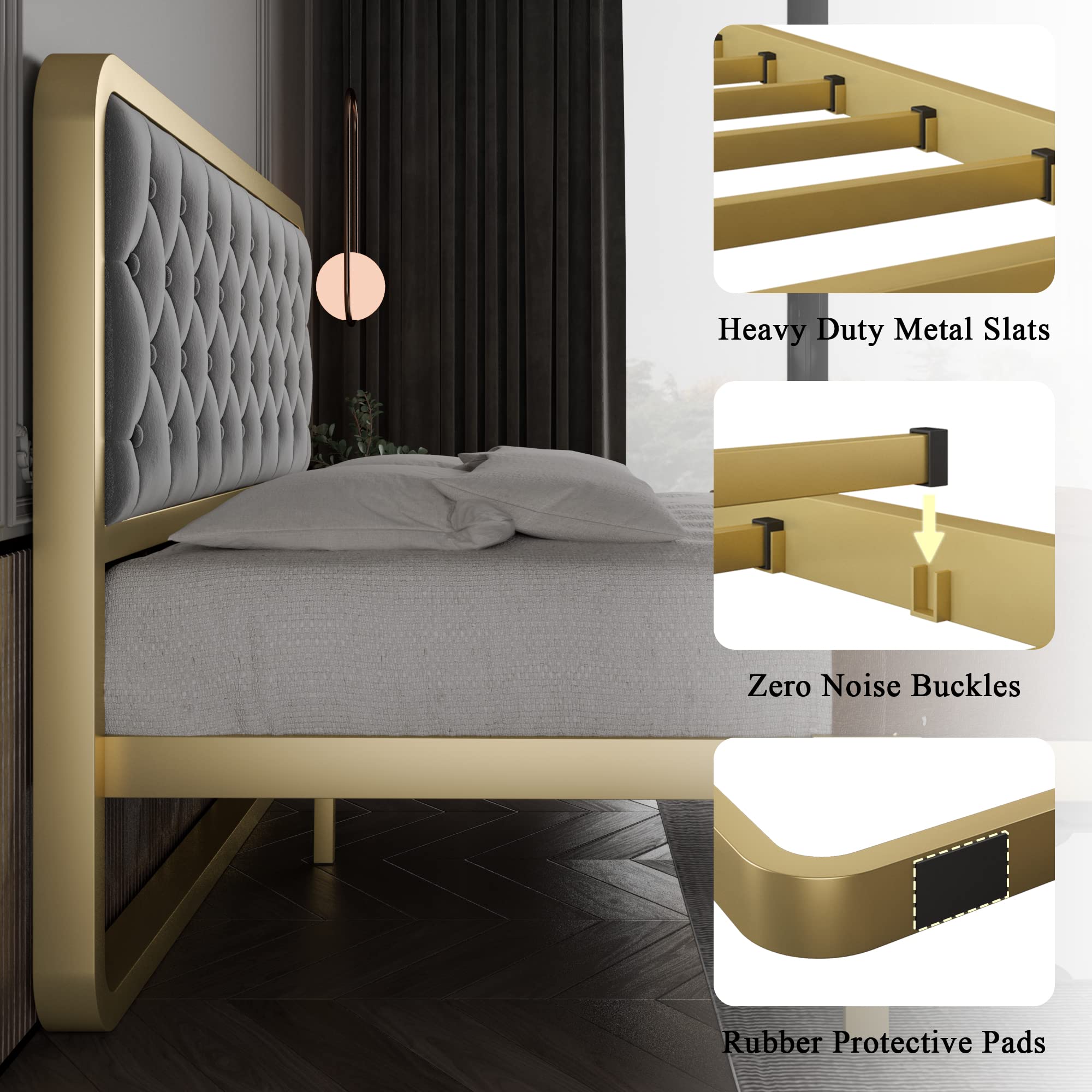 Feonase Queen Size Platform Bed Frame with Heavy-Duty Steel Slats, Velvet Upholstered Bed Frame with 12" Storage Space, No Box Spring Required, Noise Free, Easy Assembly, Golden and Gray