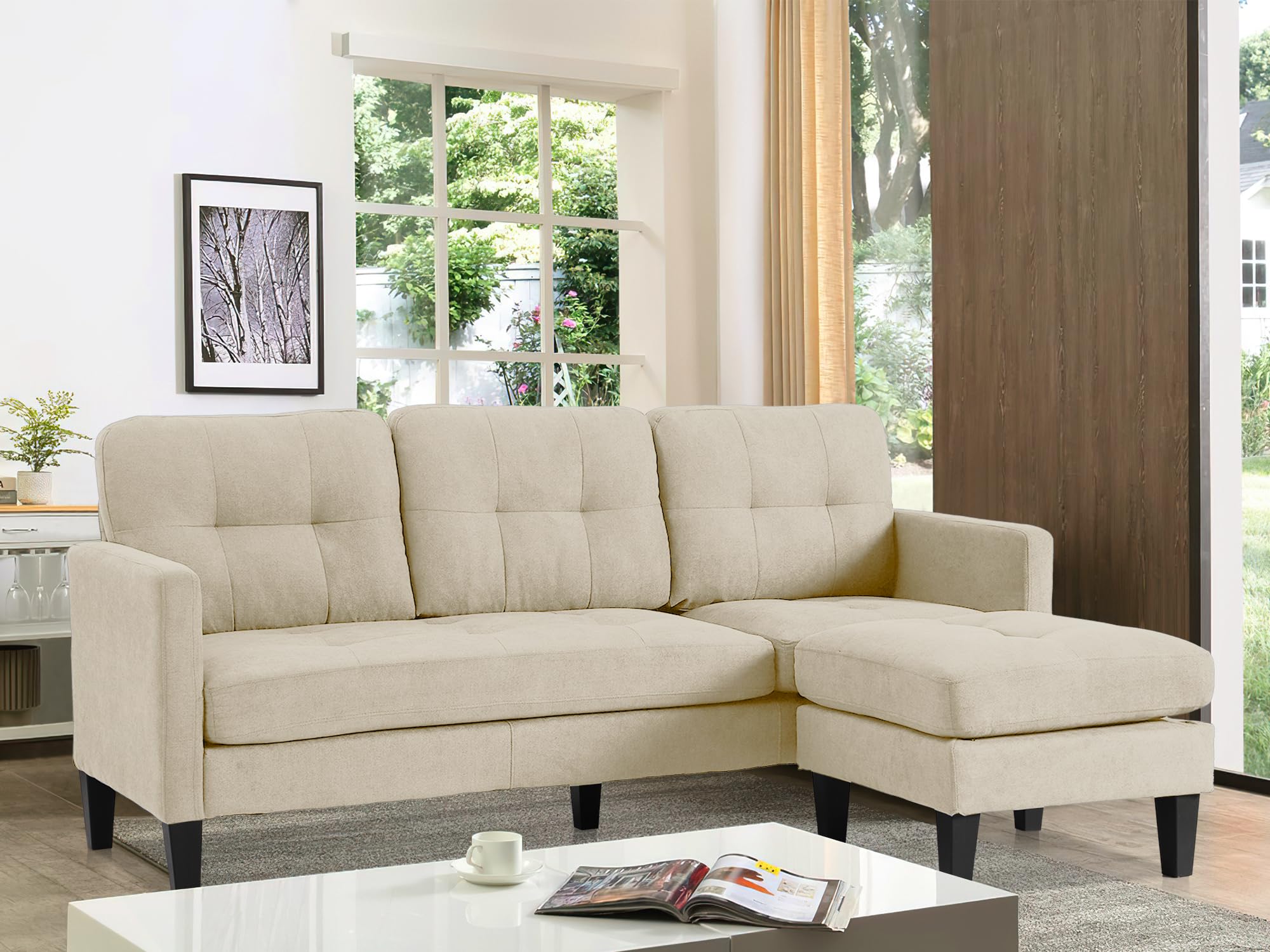 LETATA Convertible Sectional Sofa Couch with Chaise, Black L Shaped Couch Sofa Set with Reversible Ottoman, Modern Small Sectional Couches for Living Room,Apartment,Small Spaces (Beige)