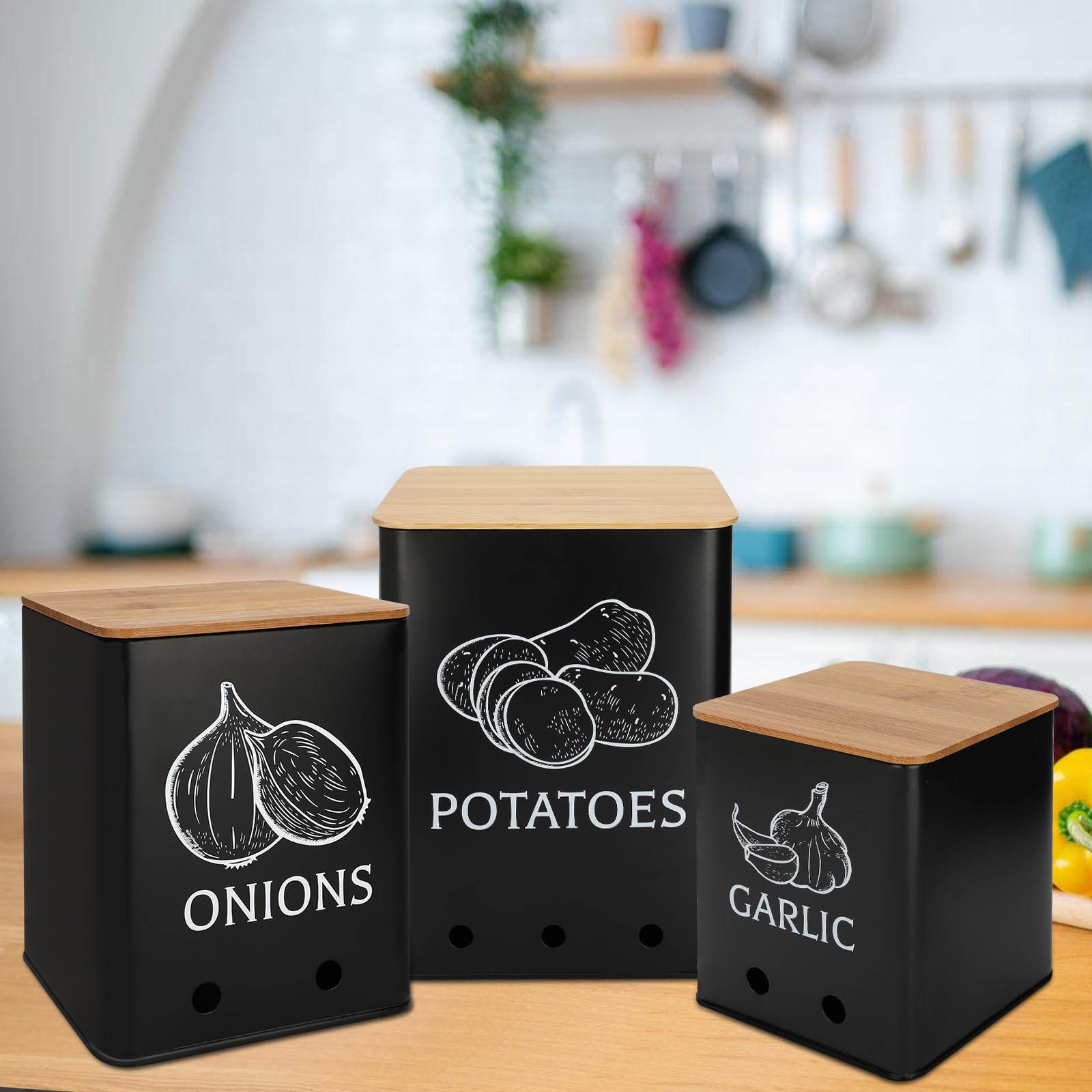 Moondust Wj 3 Pack Vegetable Storage Tins,Potatoes Storage,Metal Onion and Potato Storage Bins,Kitchen Potato and Onion Storage Bin,Onion Storage Containers with Aerating Holes and Wooden Lid.