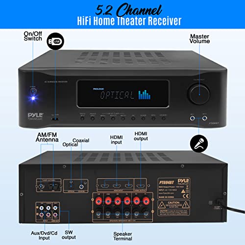 Pyle 5.2-Channel Hi-Fi Bluetooth Stereo Amplifier - 1000 Watt AV Home Speaker Subwoofer Sound Receiver w/Radio, USB, RCA, HDMI, MIC in, Wireless Streaming, Supports 4K UHD TV, 3D, Blu-Ray - PT694BT.5