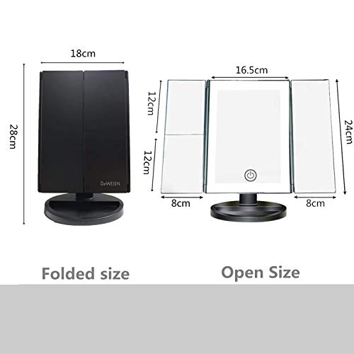 deweisn 36 LED Nature Daylight Tri-Fold Lighted Vanity Makeup Mirror with Touch Screen Dimming and 3X/2X/1X Magnification Mirror, 180 Degree Free Rotation, Countertop Cosmetic Mirror