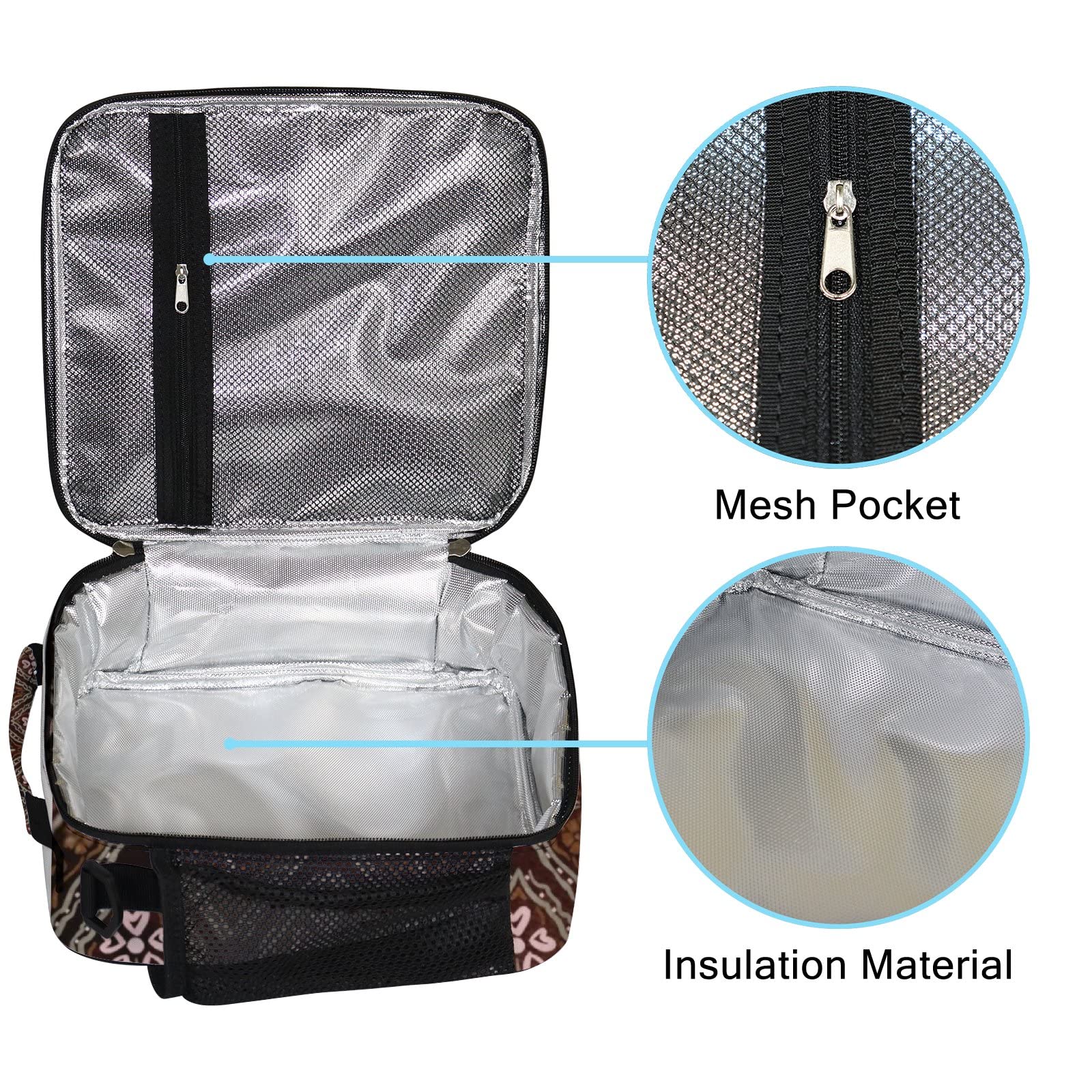 Hapuxt Lunch Box Lunch Bag with Adjustable Shoulder Strap Tote for Women Men Boho Flowers Brown Insulated Waterproof Resable Zipper Outdoor Work Office Picnic
