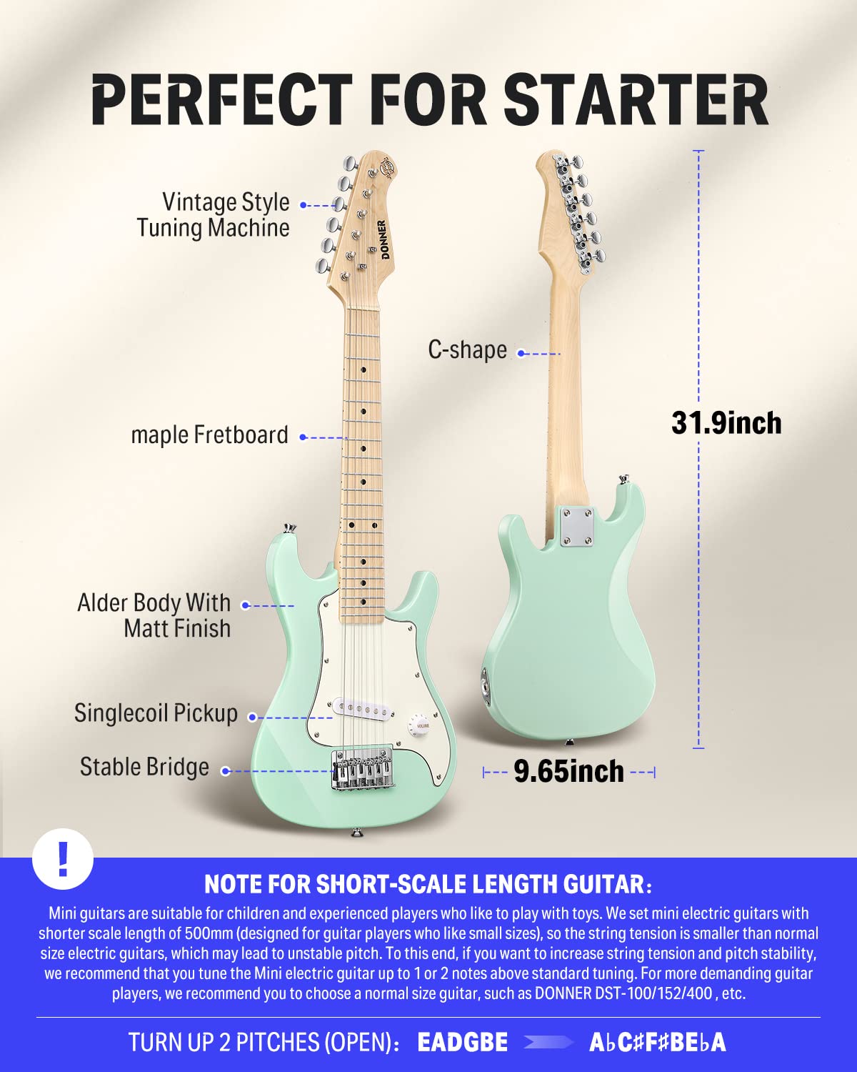 Donner 30 Inch Junior Electric Guitar Beginner Kit ST Style Mini Size ST Electric Guitar Junior Starter & Donner Guitar Cable 10 ft, Electric Instrument Cable Bass Amp Cord for Electric Guitar Bass