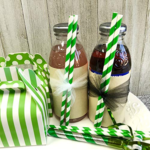 Green and White Paper Straws - Stripe Chevron Polka Dot - Birthday Christmas St Patrick's Day Supply - 100 Pack Outside the Box Papers