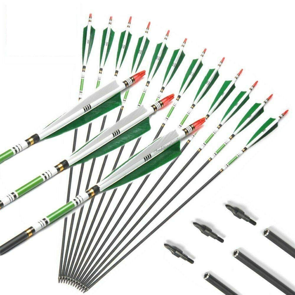 EROCK 12Pcs Carbon Archery Arrows 31inch with Green Turkey Real Feather Fletching Arrow for Recurve Compound Bows Hunting Target Practice, Spine 500, 7.6mm, Replaceable Arrowhead