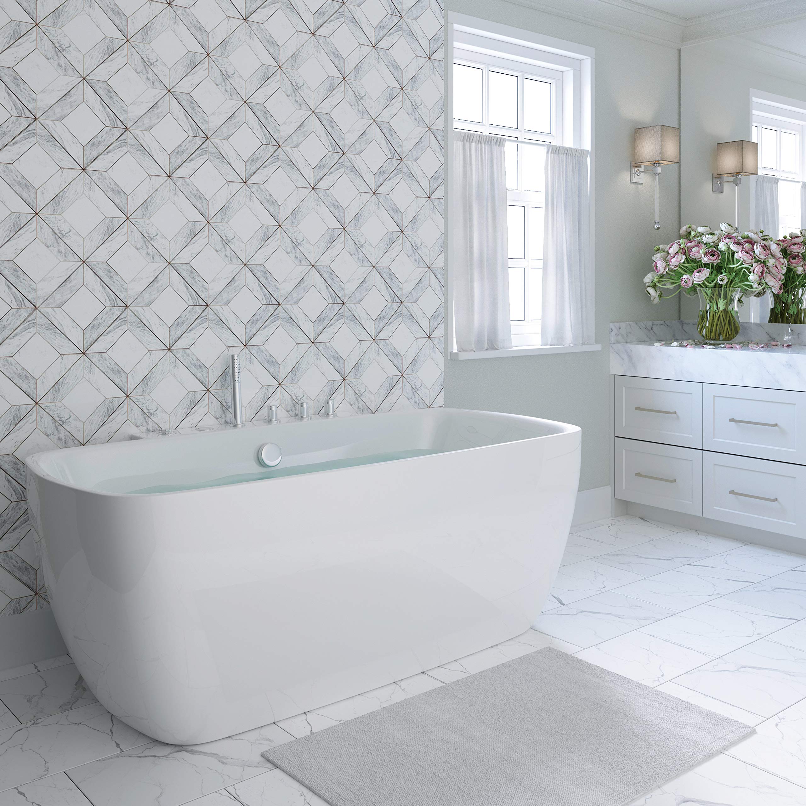 DKB Evian Jetted Whirlpool Tub in White, Deep Soaking Comfort, Hydro- Massage System 14 Whirlpool Jets & Adjustable Air Bubble Infusion, Center Drain, Handheld Shower