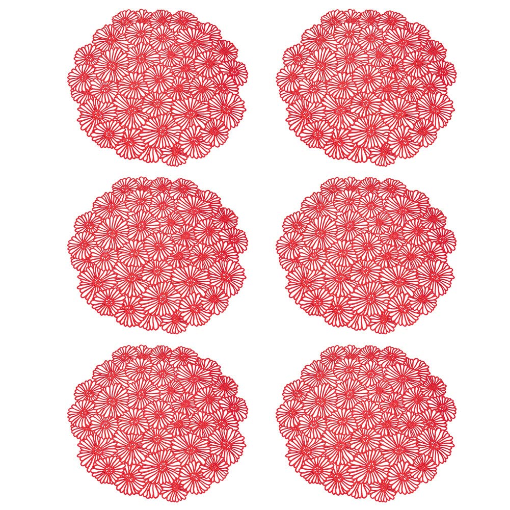 Floral Placemats Wipeable Vinyl Placemats 15 Inch Round Place Mats Farmhouse Kitchen Table Mats Heat Resistant Washable Pressed Vinyl Dining Table Mats Wedding Anniversary Decoration, Red