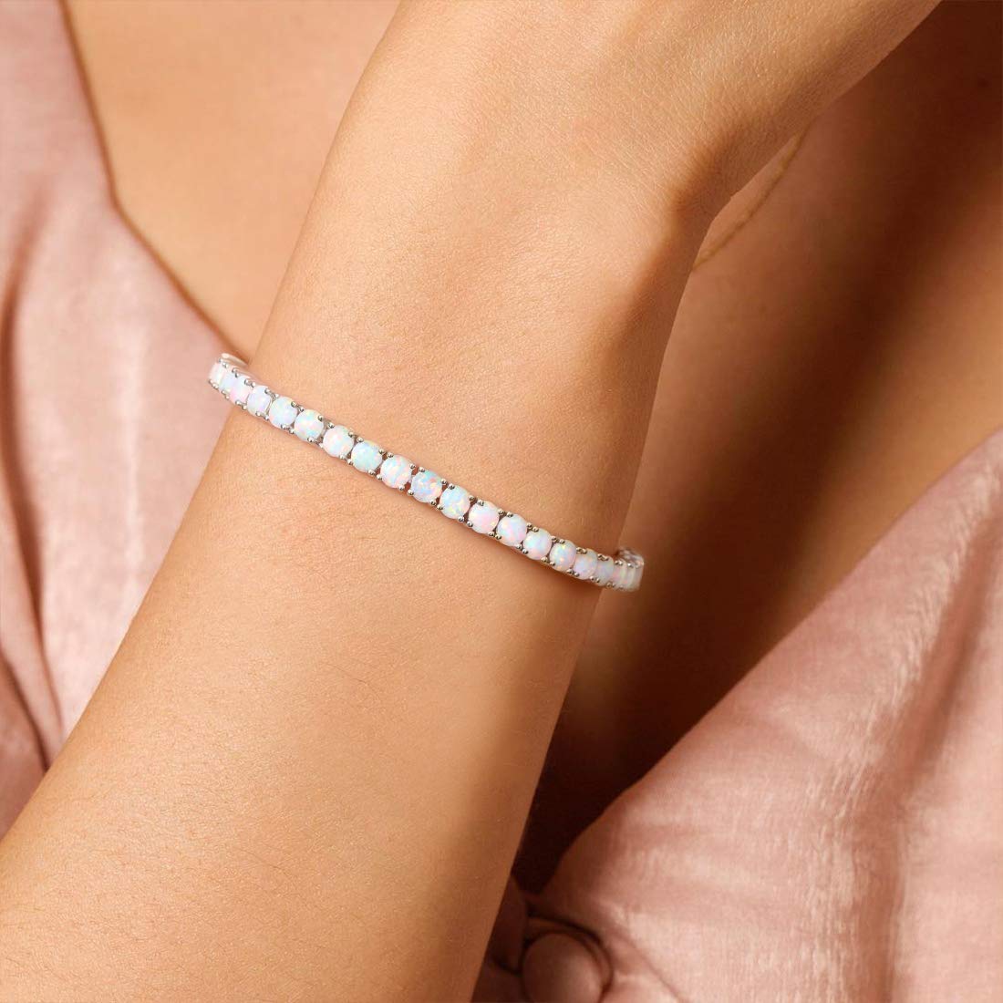 FANCIME Sterling Silver Opal Bracelets 4 Prong Created Fire Opal Tennis Bracelet Charm Fine Jewelry for Women 7 inch