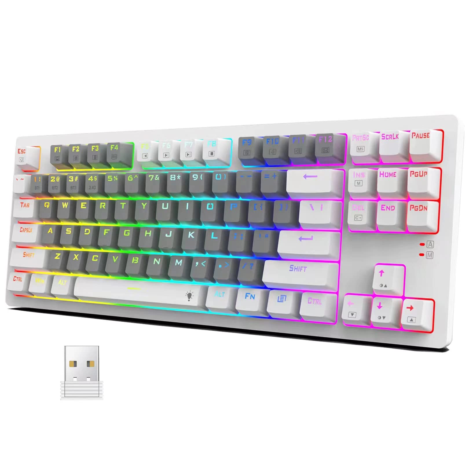 EarlyLit Wireless Mechanical Keyboard TKL, 87Keys Compact Bluetooth/2.4G/USB-C Rechargeable Wireless Gaming Keyboard with 20+RGB Backlit,Quiet Red Switch,Wired PC Gaming Keyboard for Windows Mac Xbox