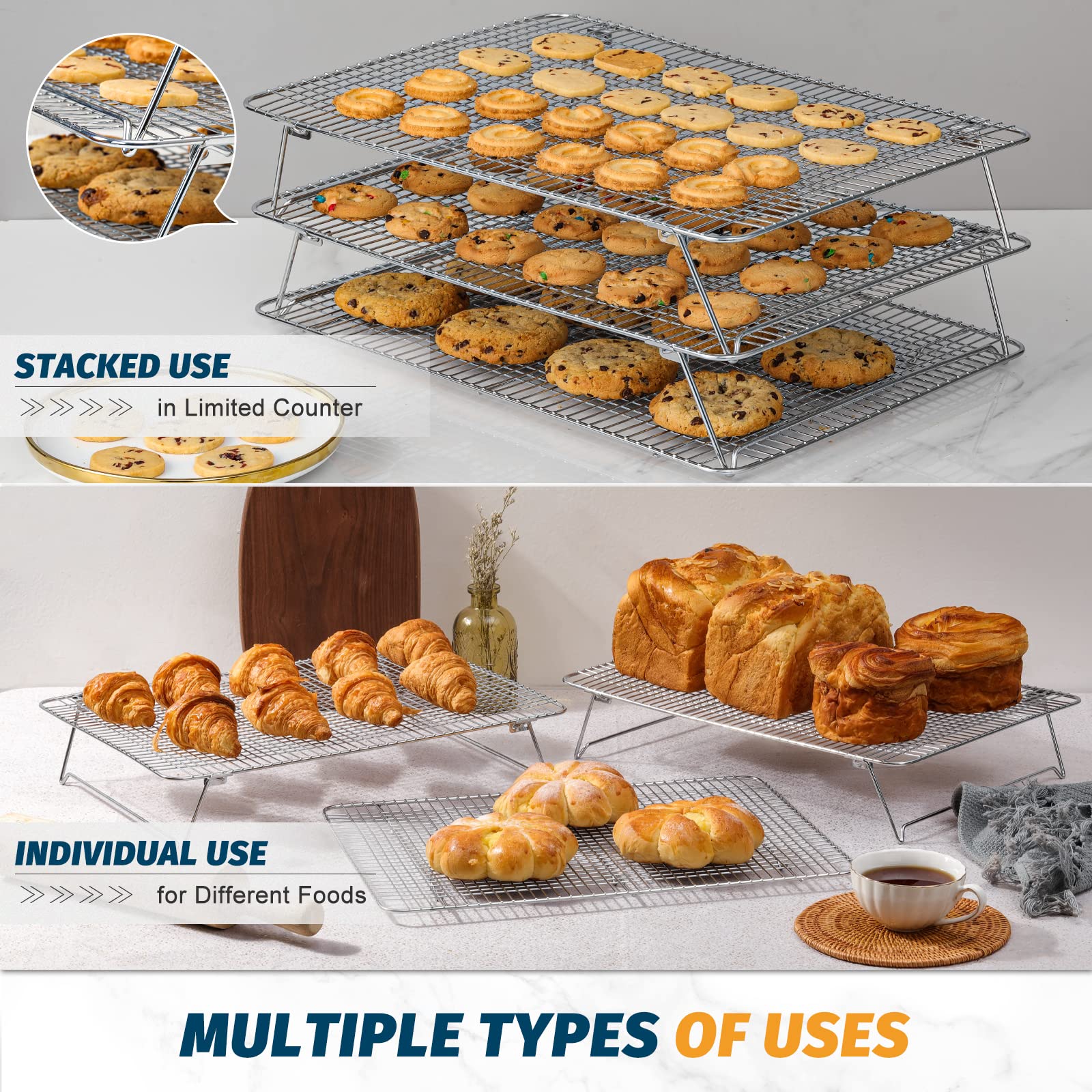 HIWARE Stainless Steel Stackable Cooling Rack for Baking, 3 Tier 12βx 16.5β,Oven & Dishwasher Salf and Fit Half Sheet,Wire Cooling Racks for Cookie, Pizza, Cake