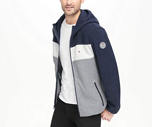Tommy Hilfiger Men's Hooded Polar Fleece Jacket, Navy/White/Light Grey, Large