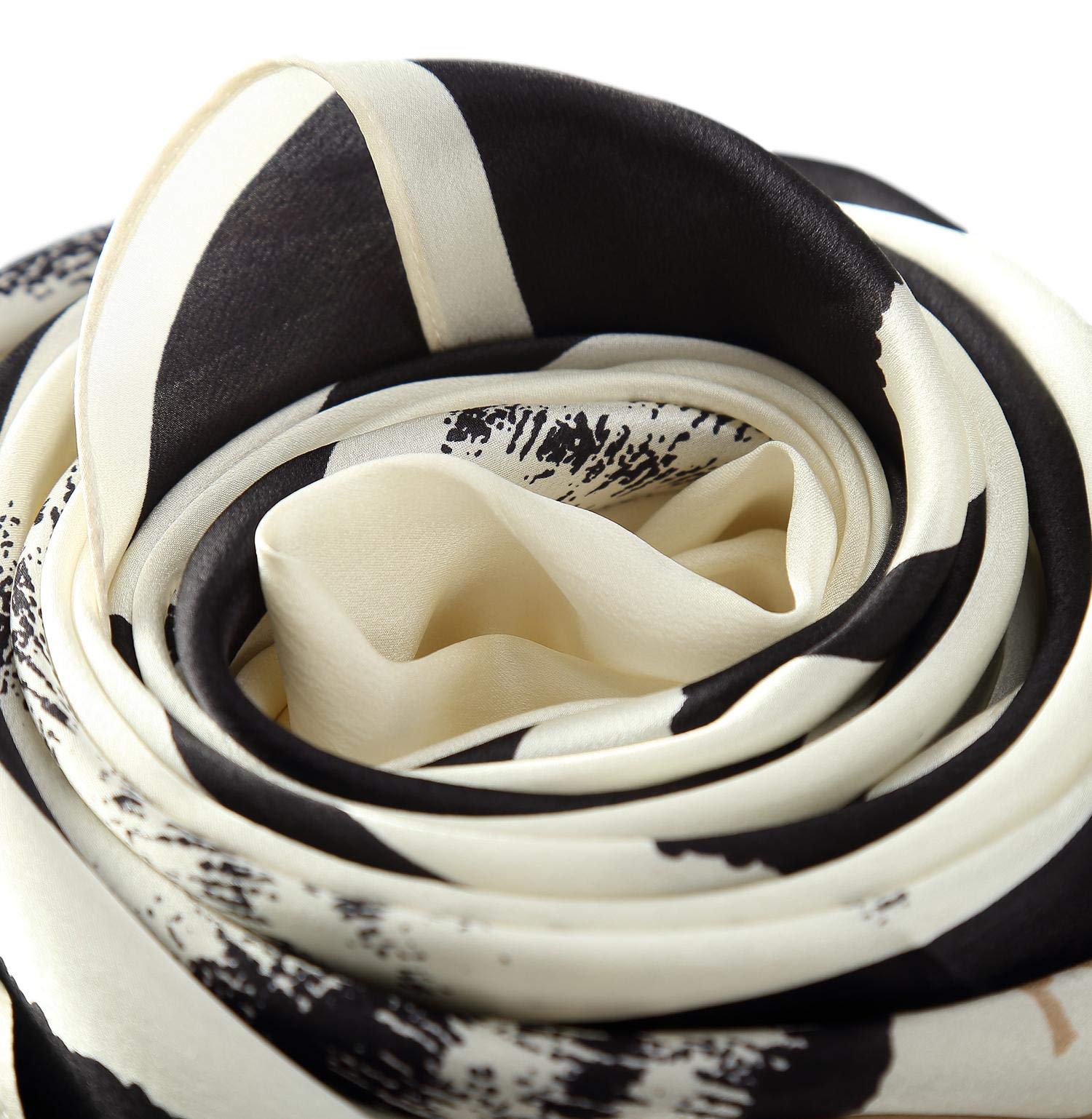 YangtzeStore Long Charmeuse Silk Scarf Floral and Graphic Print (Black White Abstract)
