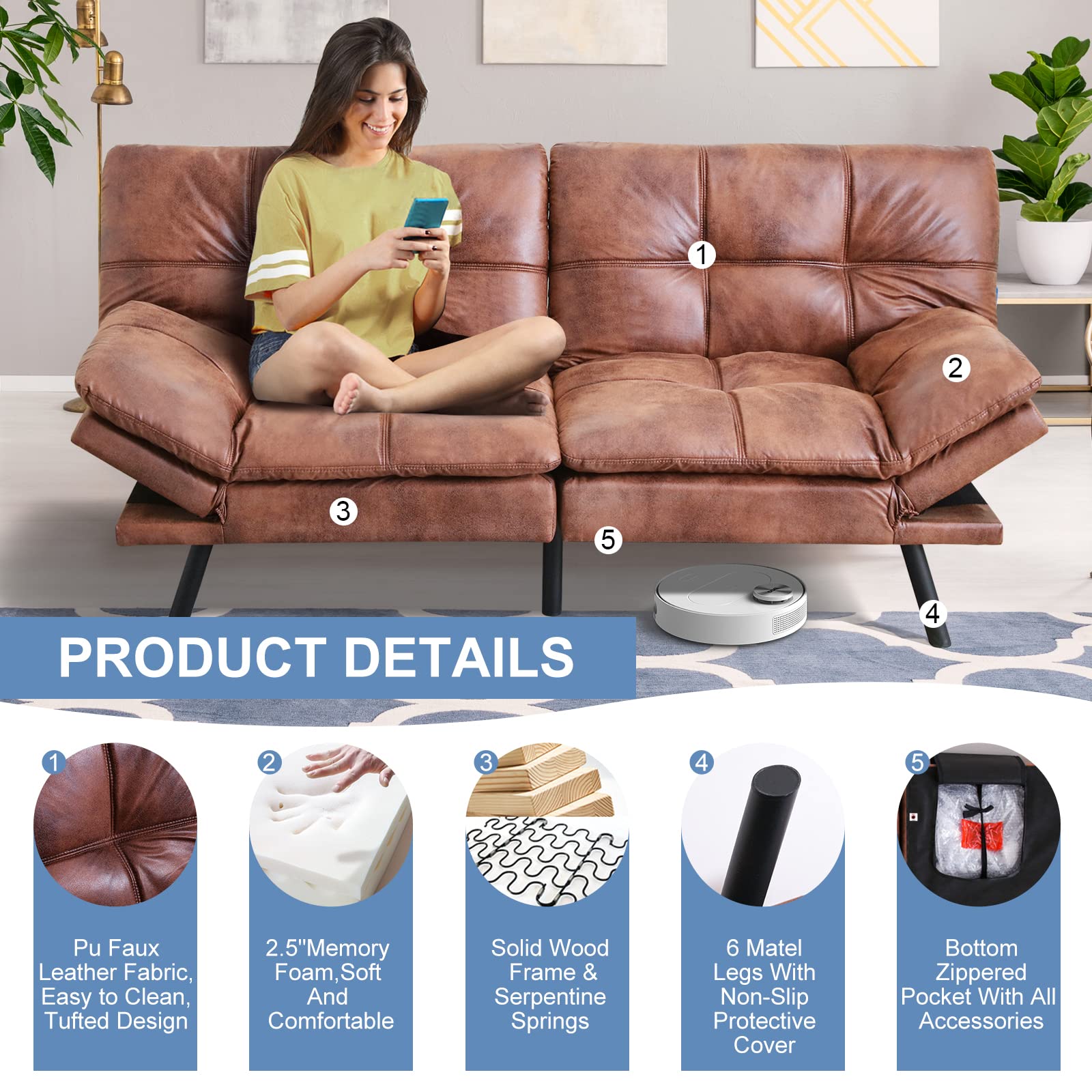 MUUEGM Futon Sofa Bed Convertible Memory Foam Sleeper Couch,Modern Faux Leather Loveseat for Living Room,Small Compact Space,Dorm,Office,Adjustable Armrests Backrest Sofabed, Brown