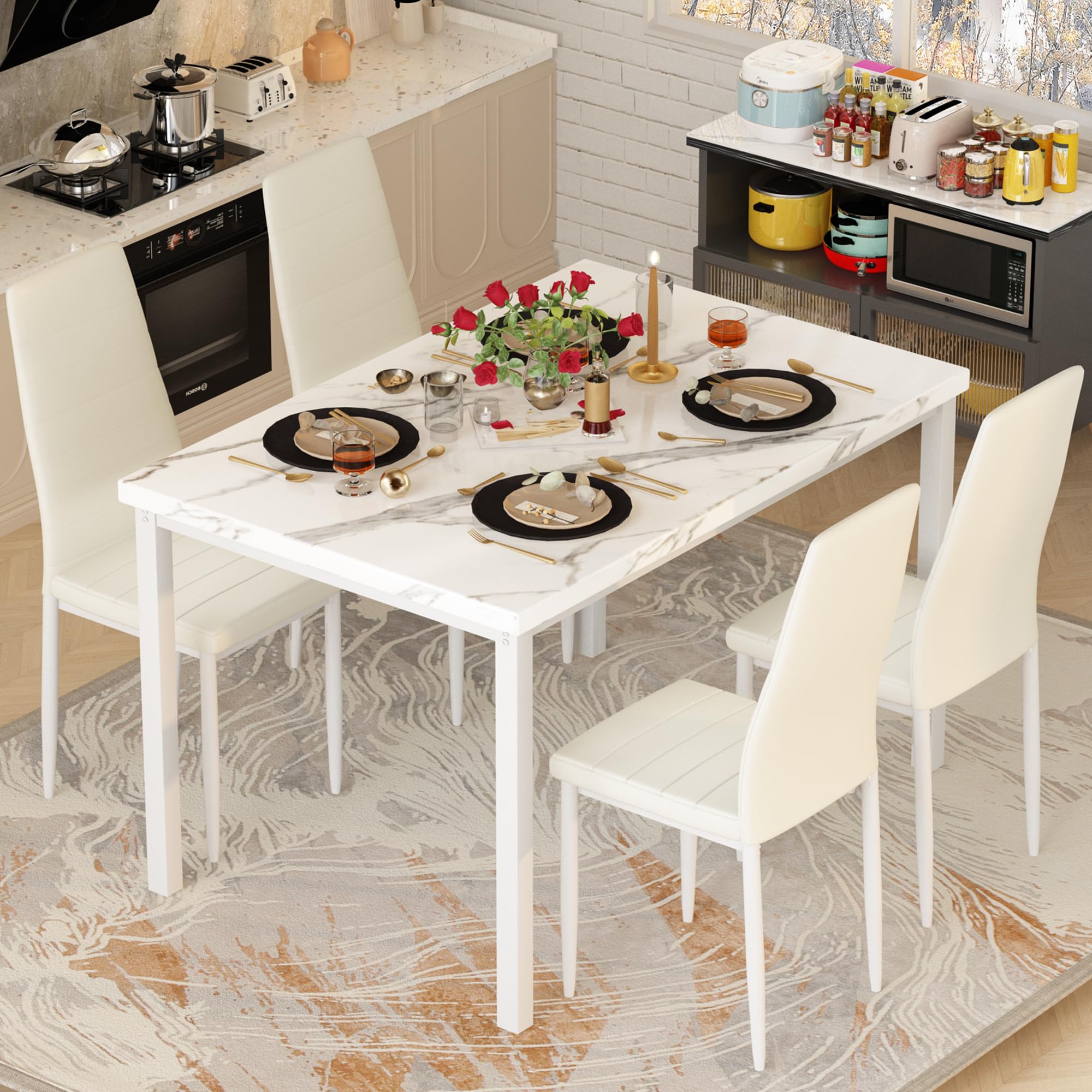 DKLGG Dining Table Set for 4, 5 Piece Kitchen Table Set with PU Leather Chairs Space-Saving Faux Marble Dining Room Table Set for 4 for Small Home Kitchen, Apartment
