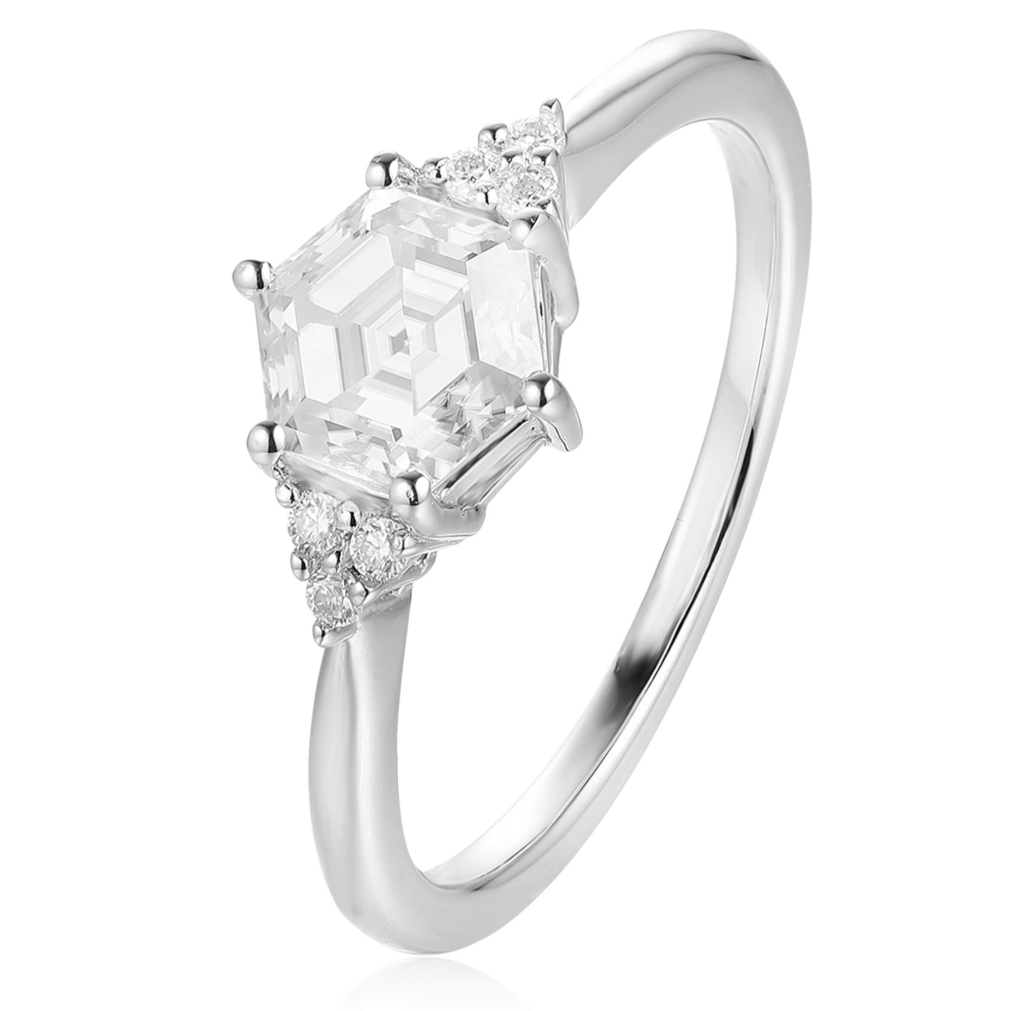 Esdomera Excellent Hexagon Cut 6mm 1.85ct Genuine Moissanite Women's Ring Platinum Plated Sterling Silver Ring Accents Engagement Ring for Women (7)