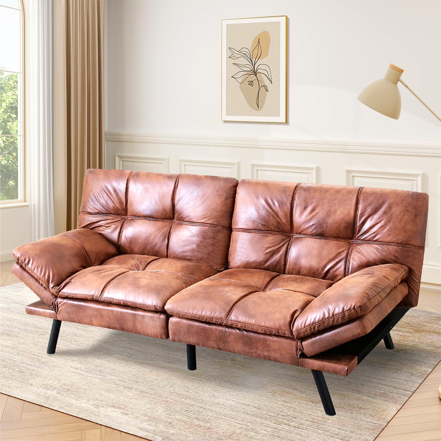 MUUEGM Futon Sofa Bed,Convertible Futon Couch, Memory Foam Futon, Sofa Bed Couch,Modern Loveseat Sofa,Comfy Sleeper Sofa for Compact Space,Apartment, Living Room,Easy Assemble,Brown