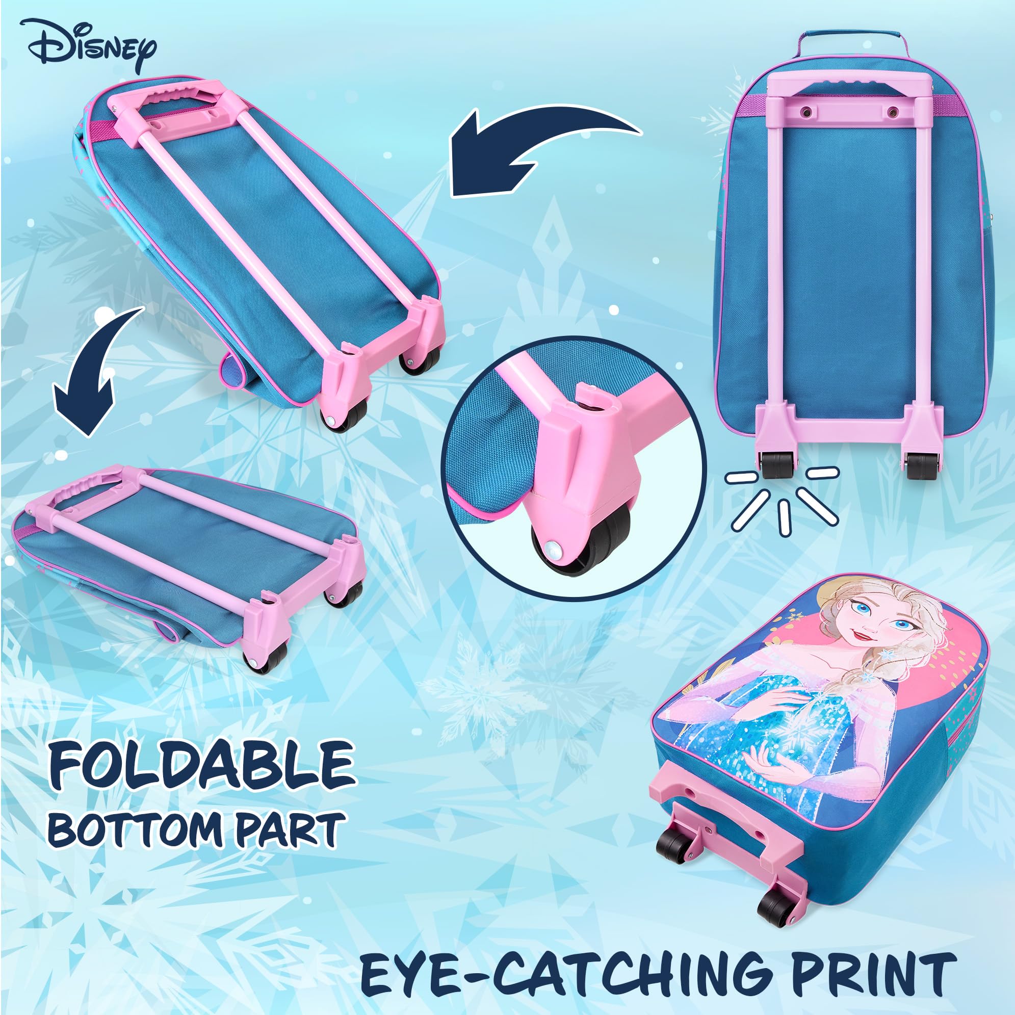 Disney Foldable Suitcase for Girls with Wheels, Trolley Hand Luggage Bag - Minnie Mouse Carry On Travel Bag for Kids (Blue Elsa)