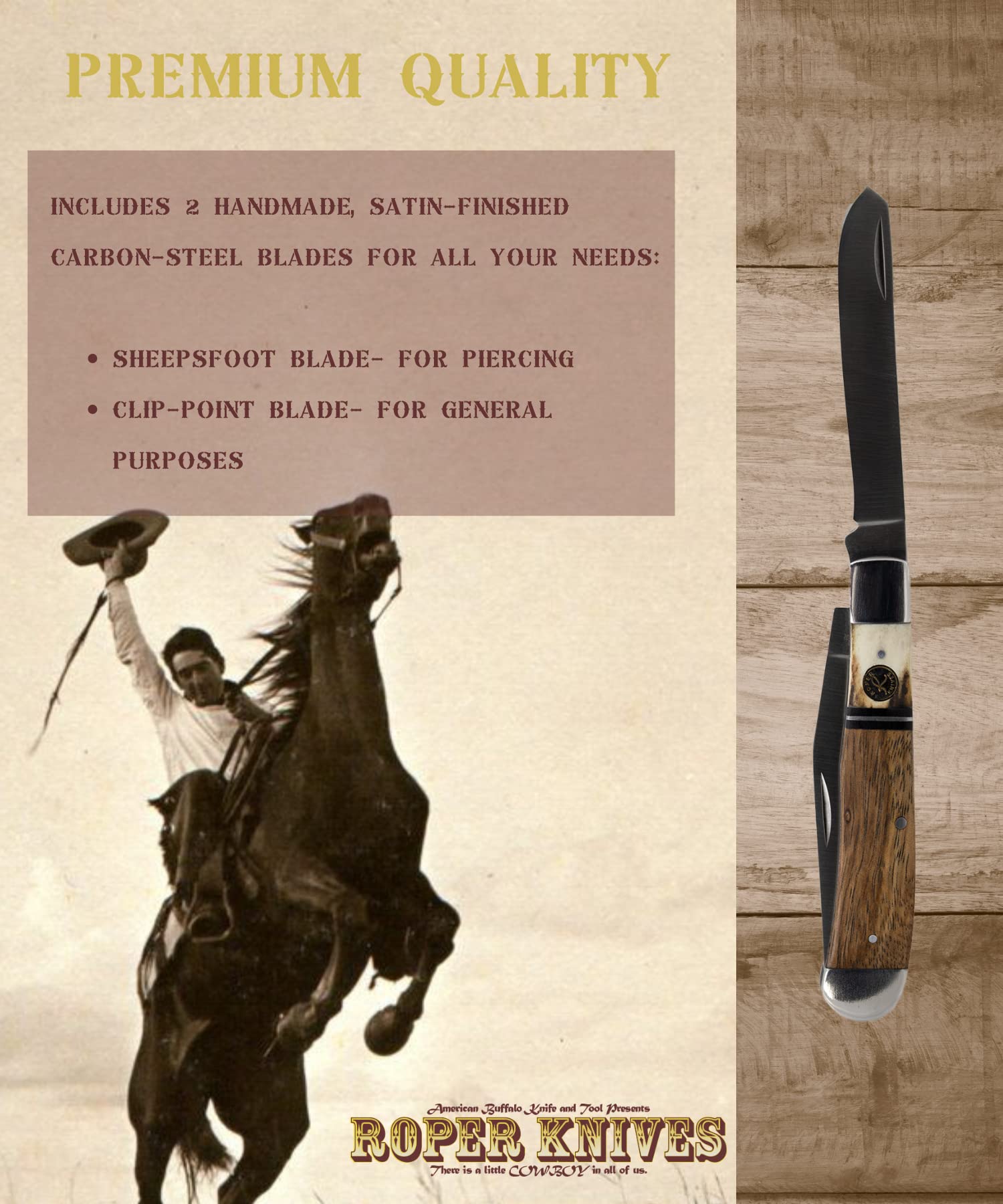 Roper Knives Laredo Series Tapper Folding Pocket Knife β (2) 1065 Carbon Blades in 1 Knife with a Stag Wooden Handle