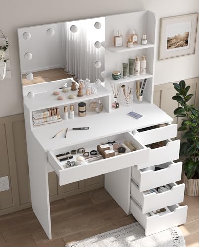 Diwnnue Vanity Desk with LED Lighted Mirror, Makeup Vanity Table Set with 6 Drawers, 3 Color Lighting Modes Brightness Adjustable, Hidden Wiring, Dressing Table for Bedroom, White