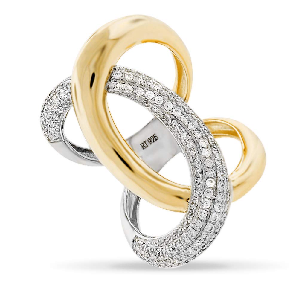 Elegant J. NY 14kt Yellow Gold and Rhodium Plated Twisted Fancy Two Toned CZ Crystal Statement Ring for Women (9)
