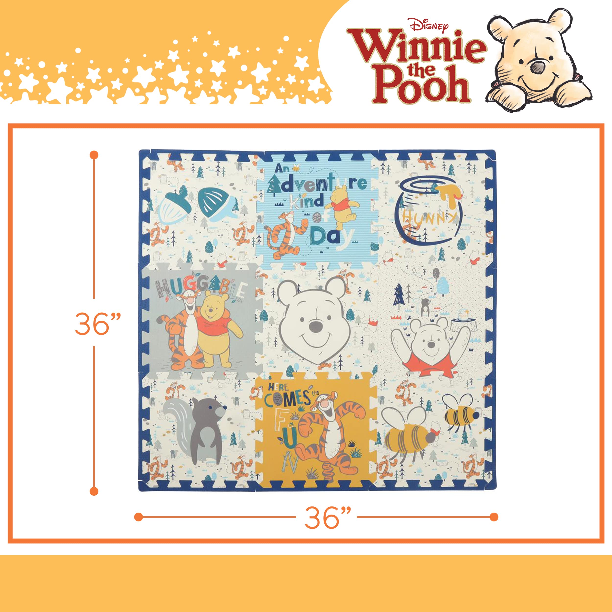 Disney Winnie The Pooh EVA Foam Mat, Winter Prairie Interlocking EVA Foam Flooring Tiles, Yellow, 36 x 36 Inches