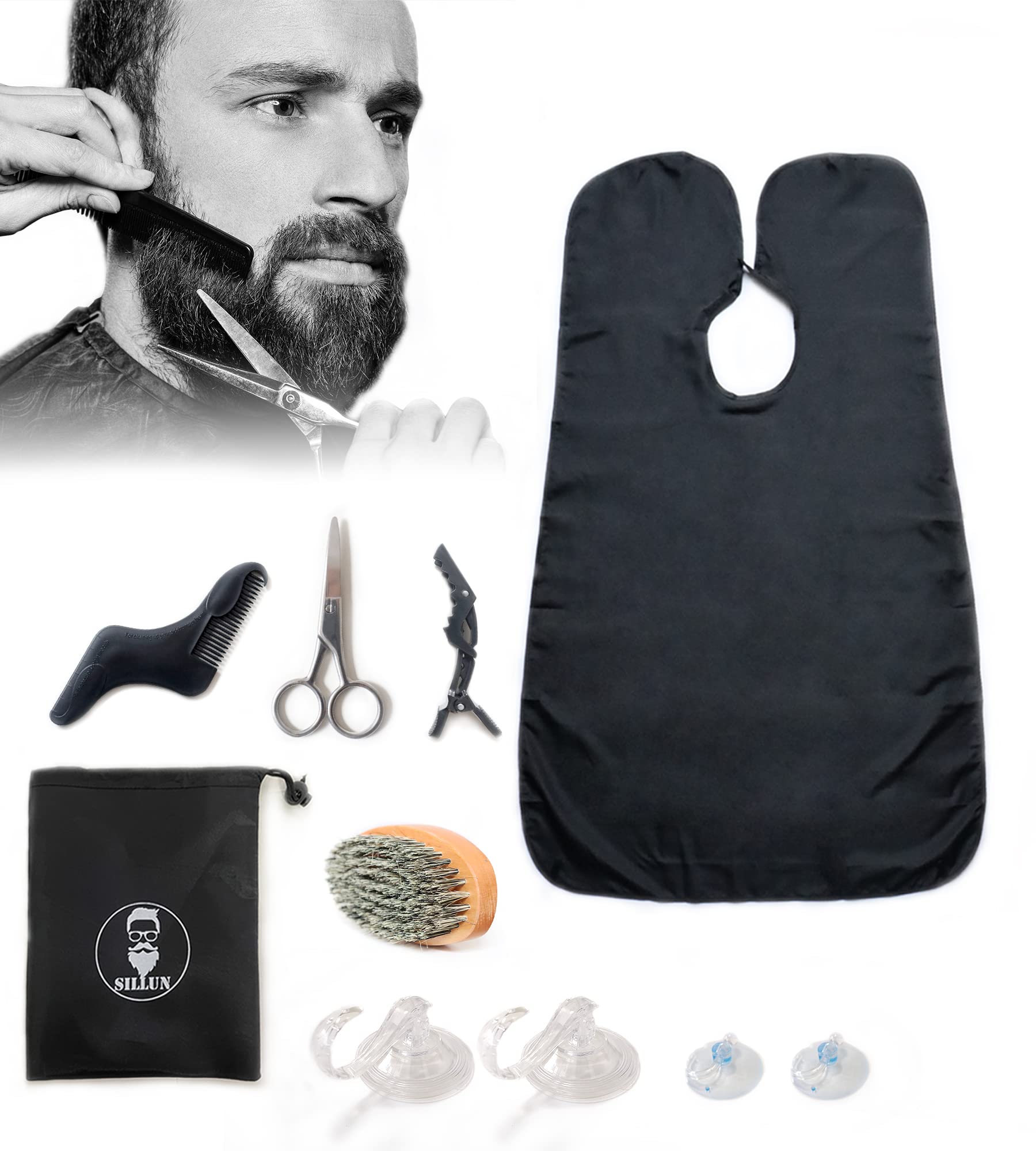 SILLUN Beard Bib Apron Beard Catcher for Shaving, Beard Brush Beard Comb Beard Scissors Beard Kit for Men, Gifts for Men Dad Husband, Gifts for Fathers, Christmas Gifts Valentines Day Gifts for Him