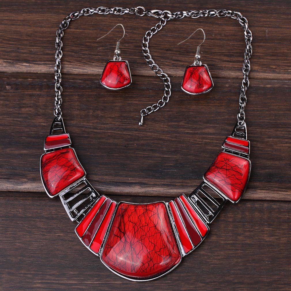 YAZILIND Vintage Ethnic Tibetan Sliver Turquoise Bib Collar Earrings Necklace Jewelry Set Women Gift