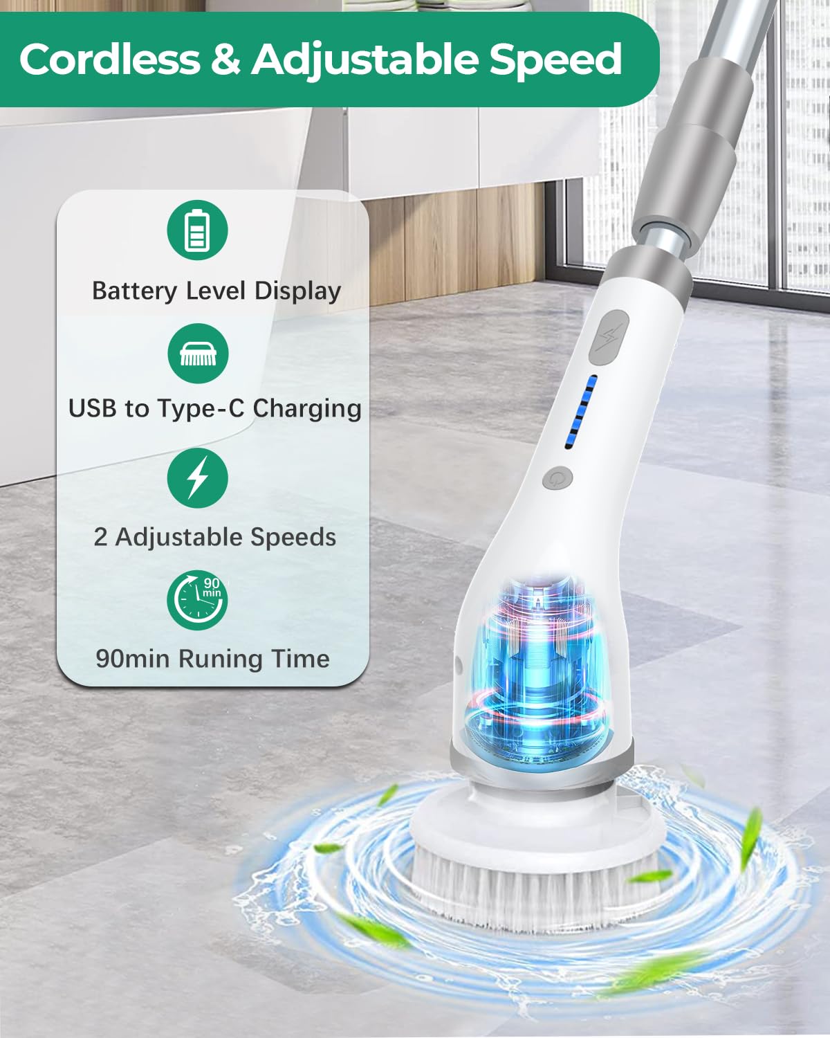 Electric Spin Scrubber - Cordless Shower Cleaning Brush with 8 Replaceable Heads - 2 Speeds & Extension Handle - Power Scrubber for Bathroom, Tile, Shower, Grout, Tub - includes Hooks and Storage Bag