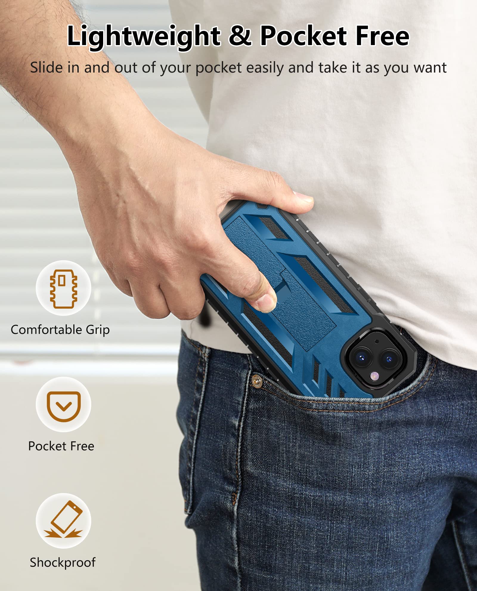 for iPhone 13 Case Protective Cover: iPhone 14 case Heavy Duty Military Grade Hard Protection Shock Proof Grip | Durable Dual-Layer Design iPhone 13-14 Phone Case with Built-in Kickstand Blue