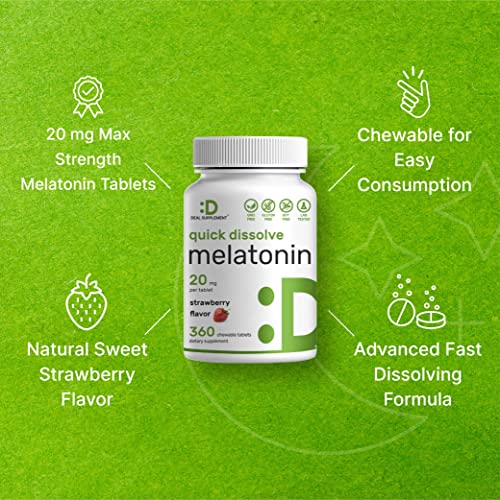 Melatonin 20mg Tablets, 360 Pill - Strawberry Flavored - Easy Consumption & Absorption | Keto, Vegan Friendly, Bulk Supply (360 Servings)