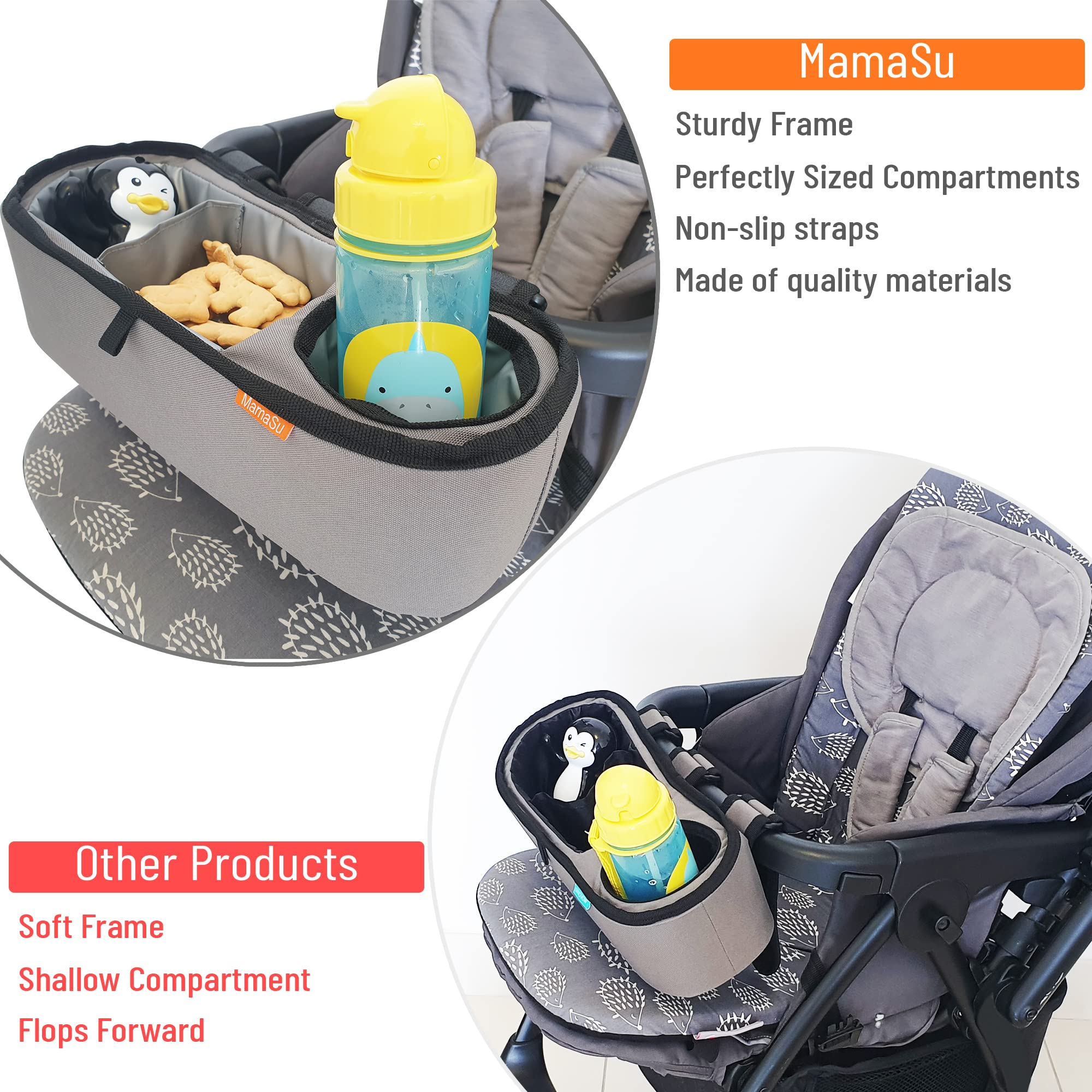 MamaSu Stroller Snack Tray - Universal stroller tray with Insulated Sippy Cup Holder - Non-Slip Straps - Universal Stroller Snack Tray Attachment Fits Most Types of Strollers (MS0922)