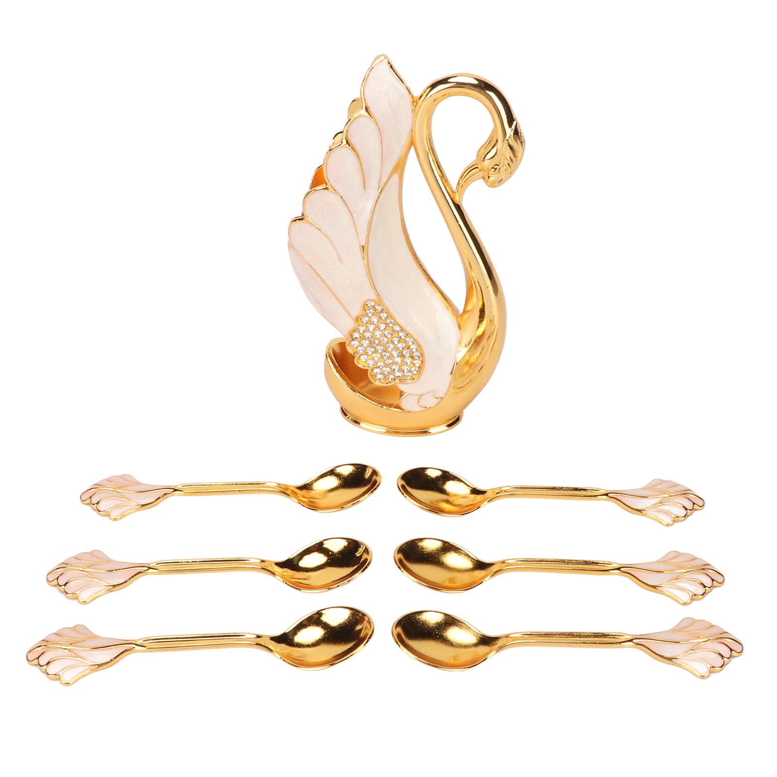 GLOGLOW Swan Base Holder, Innovative Gold Smoother Edges Swan Base Holder Coffee Dinnerware Set with Forks Spoons for Bistros Bars Amily (Golden White Spoons)