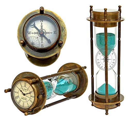 Hanzla Collection Marine Antique Brass Compass Hourglass Nautical Maritime Sand Timer & Desk Clock Vintage Hour Glass Metal Sand Watch Sand Clock Decorative Sandglass for Gift & Home Desk Office Decor