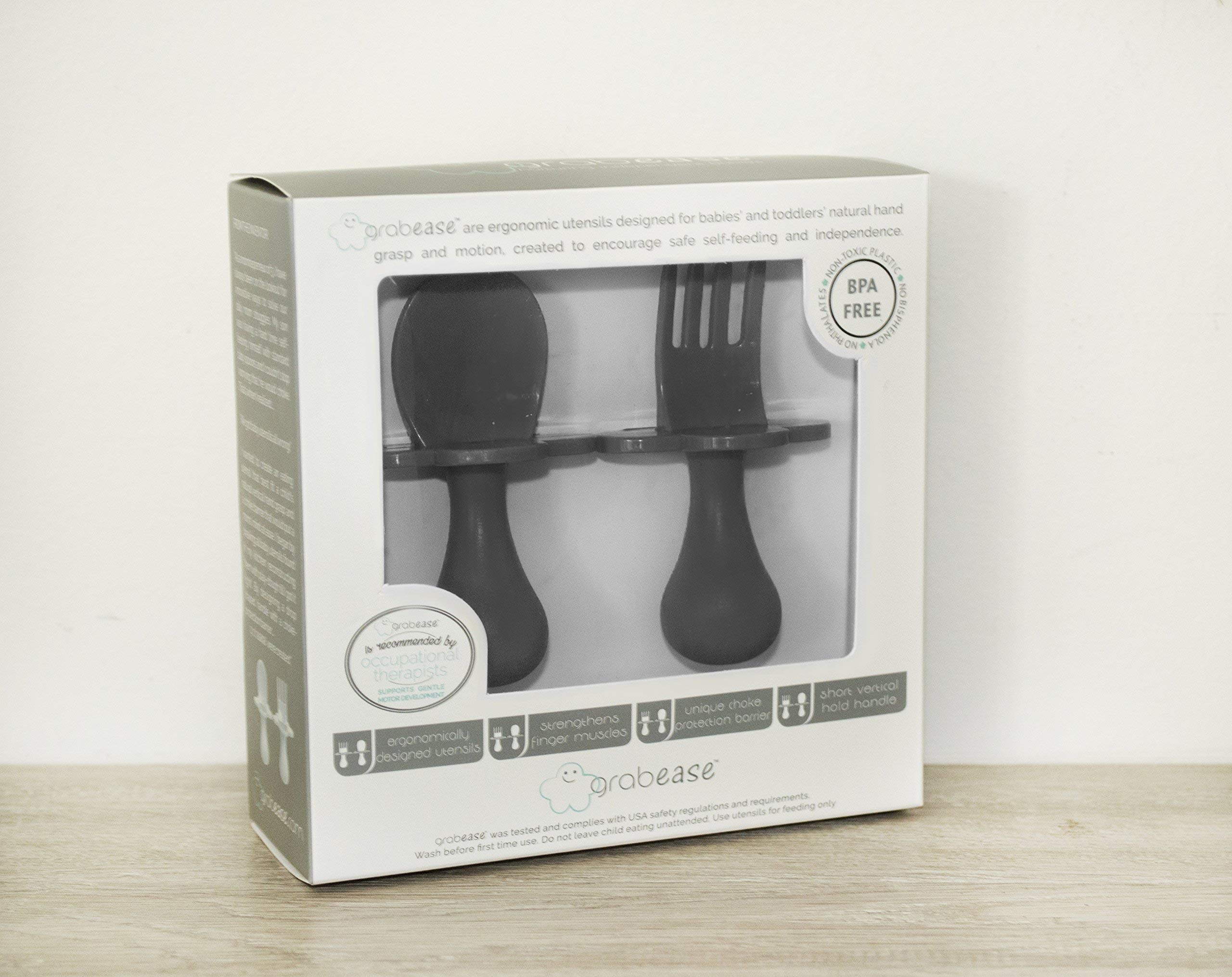 GRABEASE Bundle of 2 First Self Feed Baby Utensils with a Togo Pouch - Anti-Choke, BPA-Free Baby Spoon and Fork Toddler Utensils for Led Weaning Ages 6 Months+ Teal and Grey
