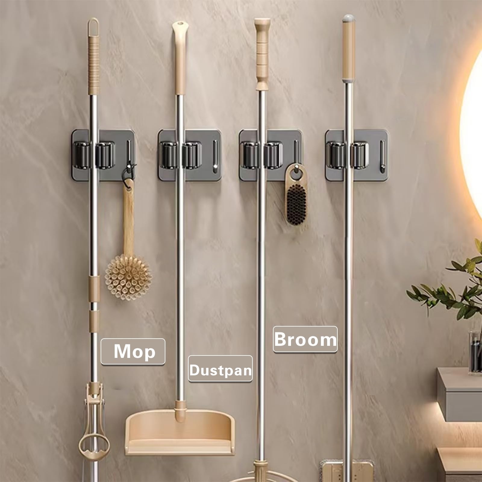 Mop Broom Holder-Self Adhesive Stainless Steel Broom Hanger Organizer for Bathroom, Kitchen, Office,Utility Room,Laundry Room,Home Garden, Garage Storage and Organization Rack(Silver gray-4Psc)