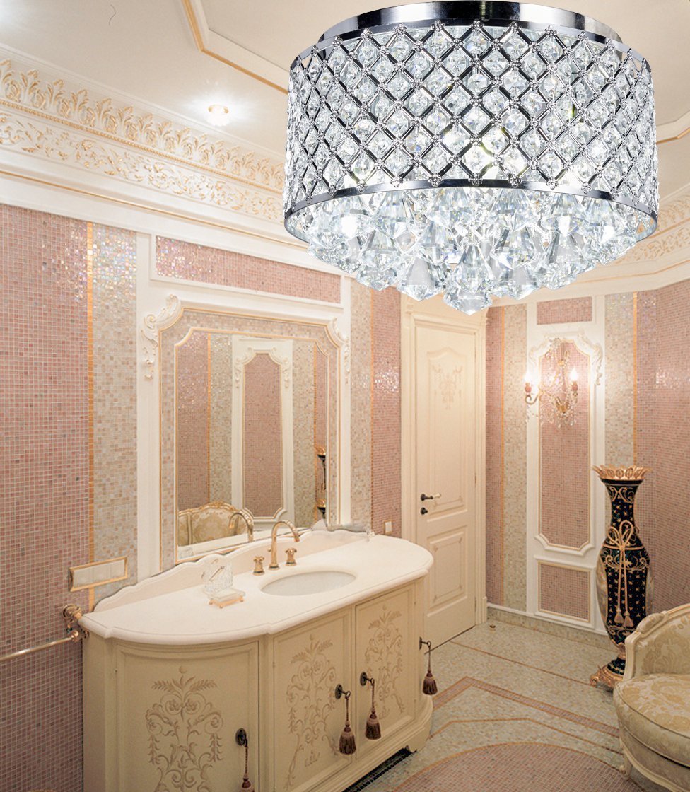 Diamond Life 4-Light Chrome Finish Round Metal Shade Crystal Chandelier Flush Mount Ceiling Fixture