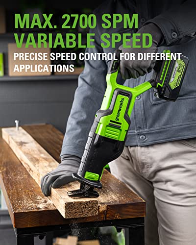 Greenworks 24V Brushless (1-1/8") Cordless Reciprocating Saw (2,7000 SPM), 4.0Ah Battery and Compact Charger Included