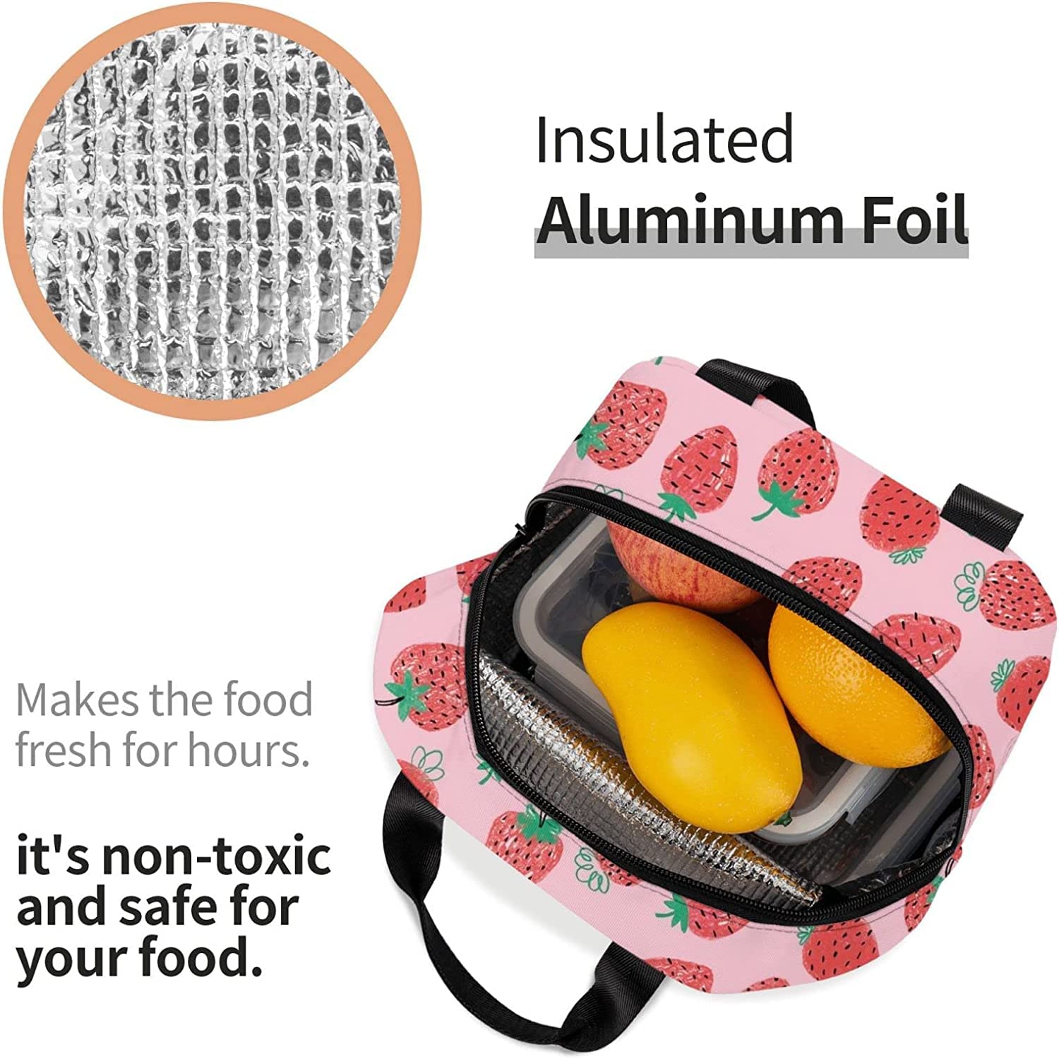 Giwawa Cute Strawberry Lunch Bag Insulated Lunch Box Kids Reusable Refrigerated Insulated Tote Bag Multifunctional School Work Lunch Container Home School Office Outdoor Use Bag