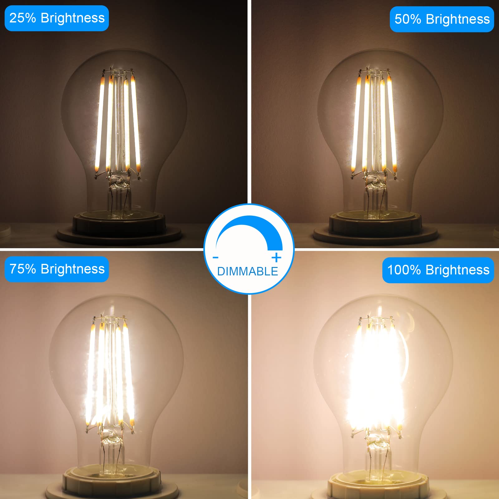 Energetic Dimmable LED Filament Light Bulbs, 8W, 60 Watt Equivalent, Warm White 3000K, Classic Clear Glass, A19 LED Light Bulb, 6 Pack