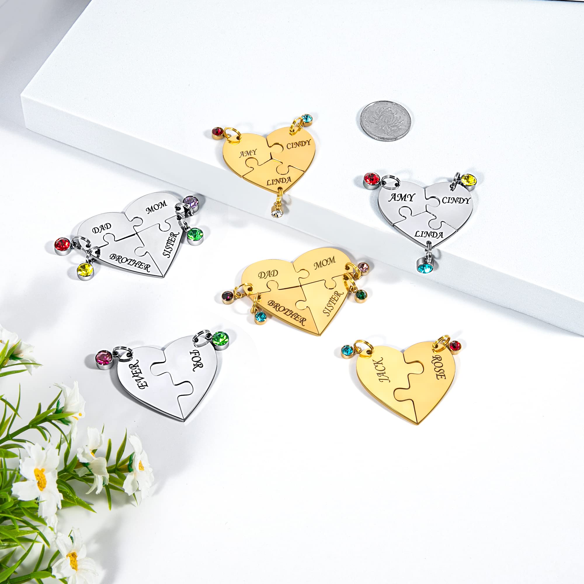 Fanery Sue Personalized Puzzle Pieces Heart Shape Necklace/Kaychain for Best Friends Family Custom Name/Date with Birthstone