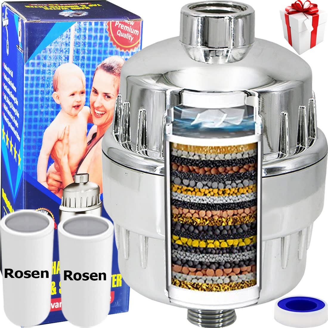ROSEN Shower Filter for Hard Water-Home Bathroom Tap Softener | Vitamin C Kitchen Water Purifiers | Stops Hair Fall 15 Stage Alkaline Hardness Remover Hard to Soft Water Softner Cleans Borewell Salt