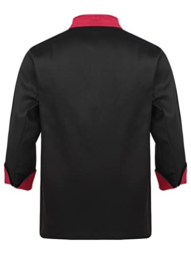 iiniim Unisex Chef Coat Women Men Short&Long Sleeve Chef Jacket Double-Breasted Kitchen Cooking Chef Uniform Black Red Cuffs Medium