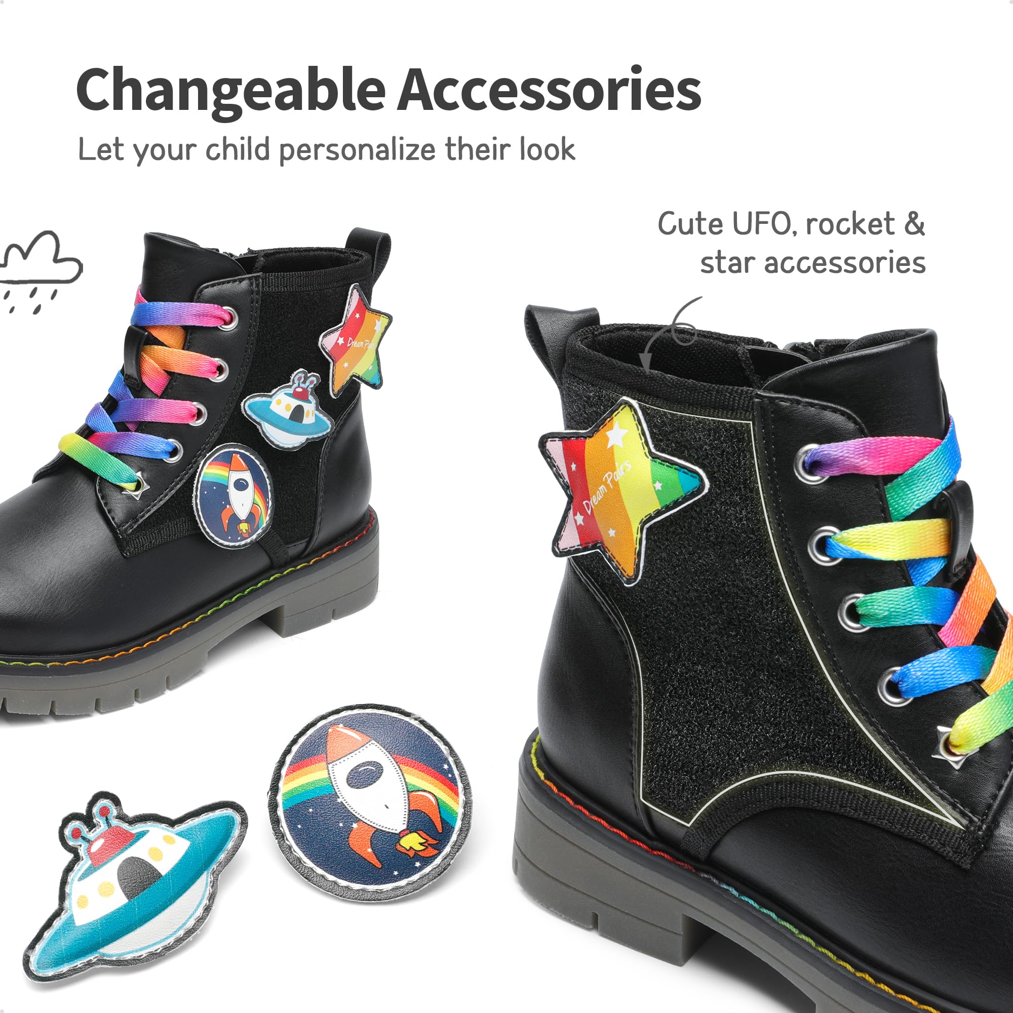 DREAM PAIRS Girls Boys Ankle Boots Side Zipper Combat Shoes with Interchangeable Lace Up SDBO2220K-1 Size 2 BLACK