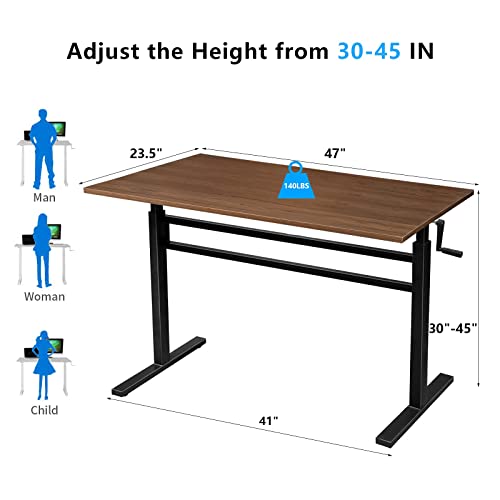 ERGO COMFY Manual Height Adjustable Standing Desk, 48 x 24 Inch Hand Crank Standing Desk with One-Piece Table Top, Sit Stand up Rising Desk, Home Office Computer Workstation, Walnut and Black