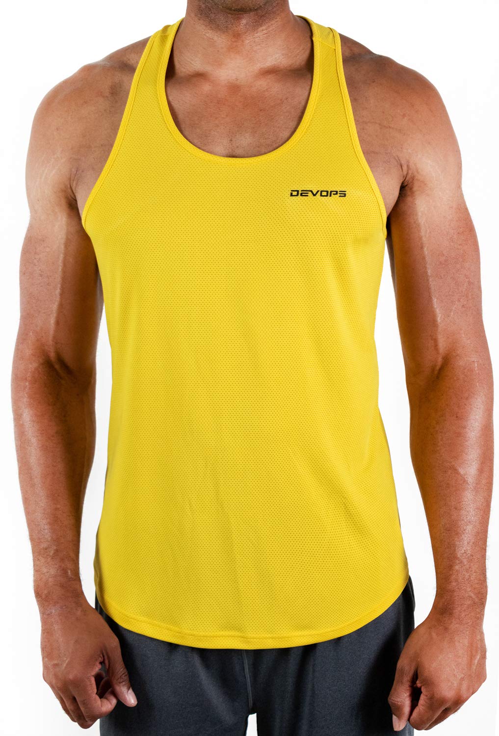 DEVOPS 3 Pack Men's Y-Back Dry Fit Muscle Gym Workout Tank Top (Large, Charcoal/Red/Yellow)