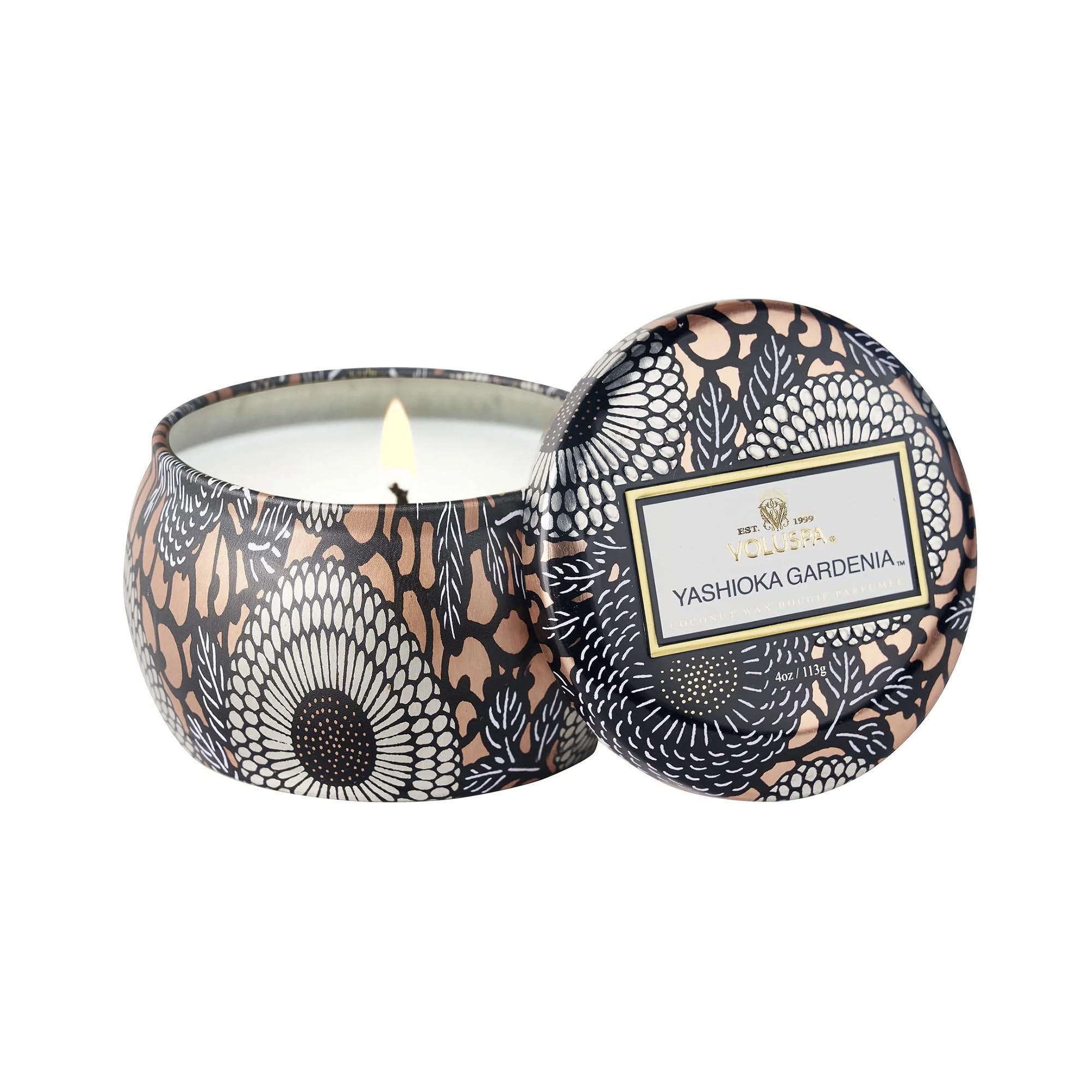 Voluspa Yashioka Gardenia, Mini Tin Candle, 4 oz, 25 Hour Burn Time, All Natural Wicks and Coconut Wax for Clean Burning, Vegan, Poured in the USA