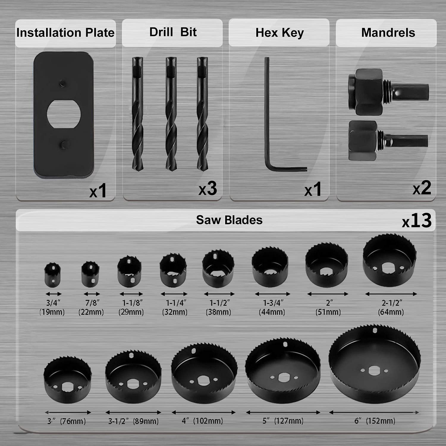 KATA Hole Saw Set 20PCS Hole Saw Kit with 3/4"-6"(19-152mm) 13PCS Saw Blades, 2 Mandrels, 3 Drill Bits, 1 Installation Plate, 1 Hex Key, Ideal for Soft Wood, Plywood, Drywall, PVC